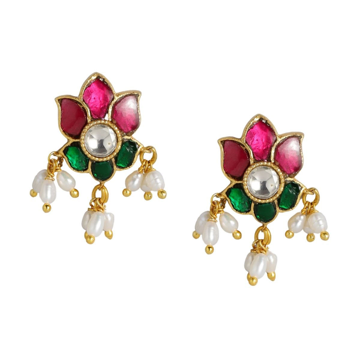 Accessher Gold Plated Pink-Green Jadau Kundan Ruby And Emrald Embellished Stud Earrings For ...