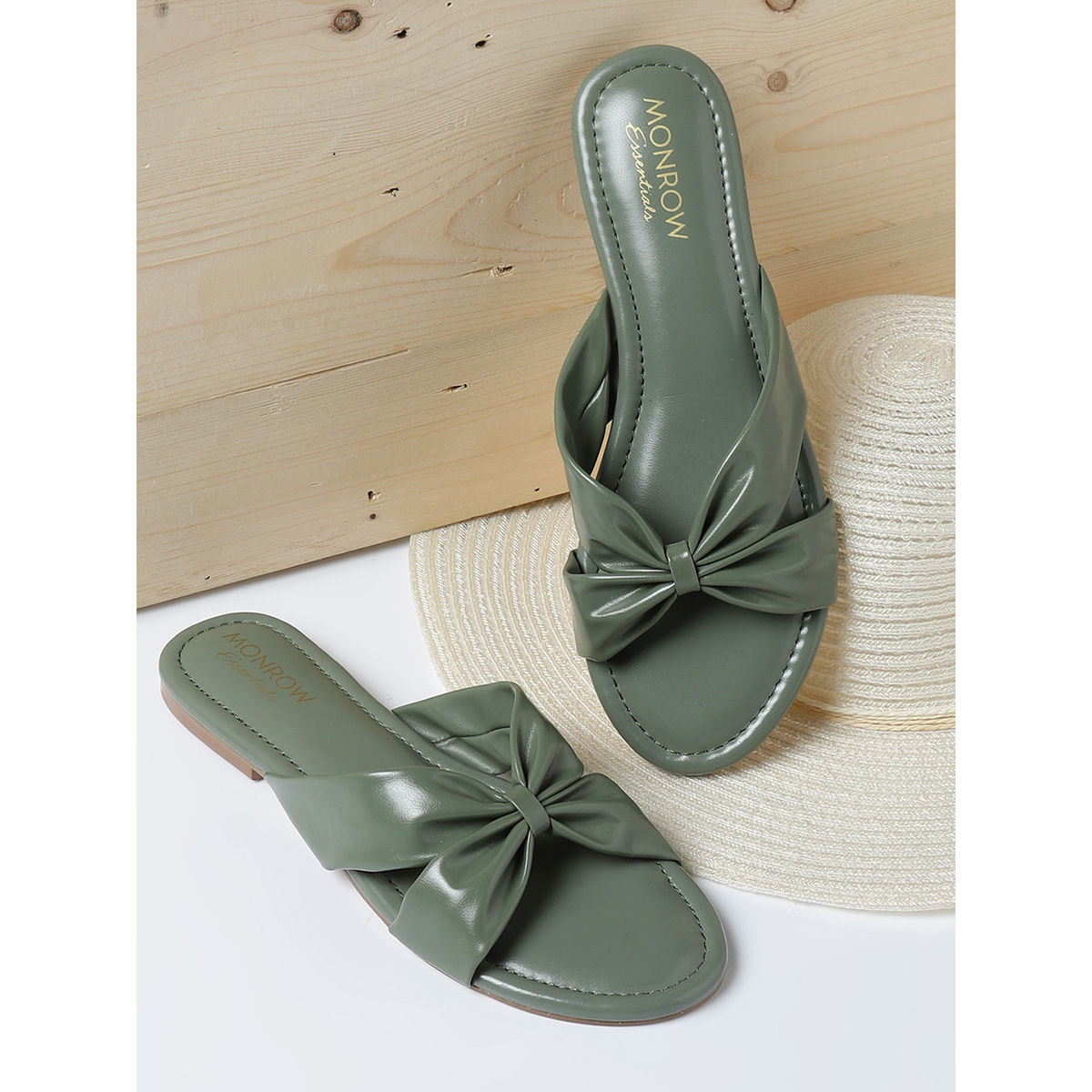 Buy Monrow Solid Olive Flats Online
