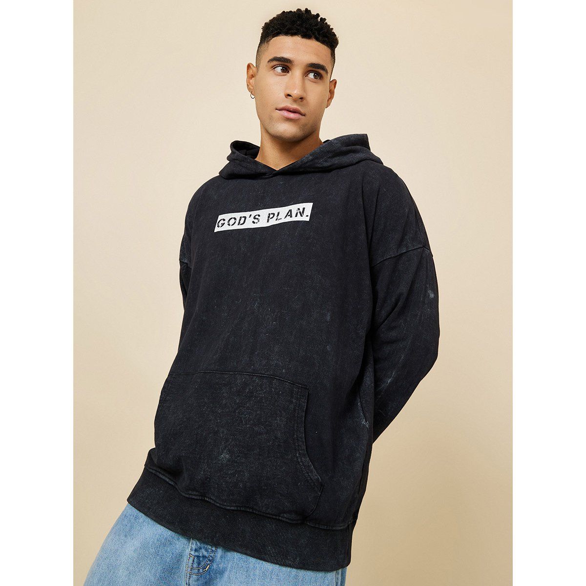 Buy Styli Black Acid Washed Front And Back Slogan Oversized Hoodie Online