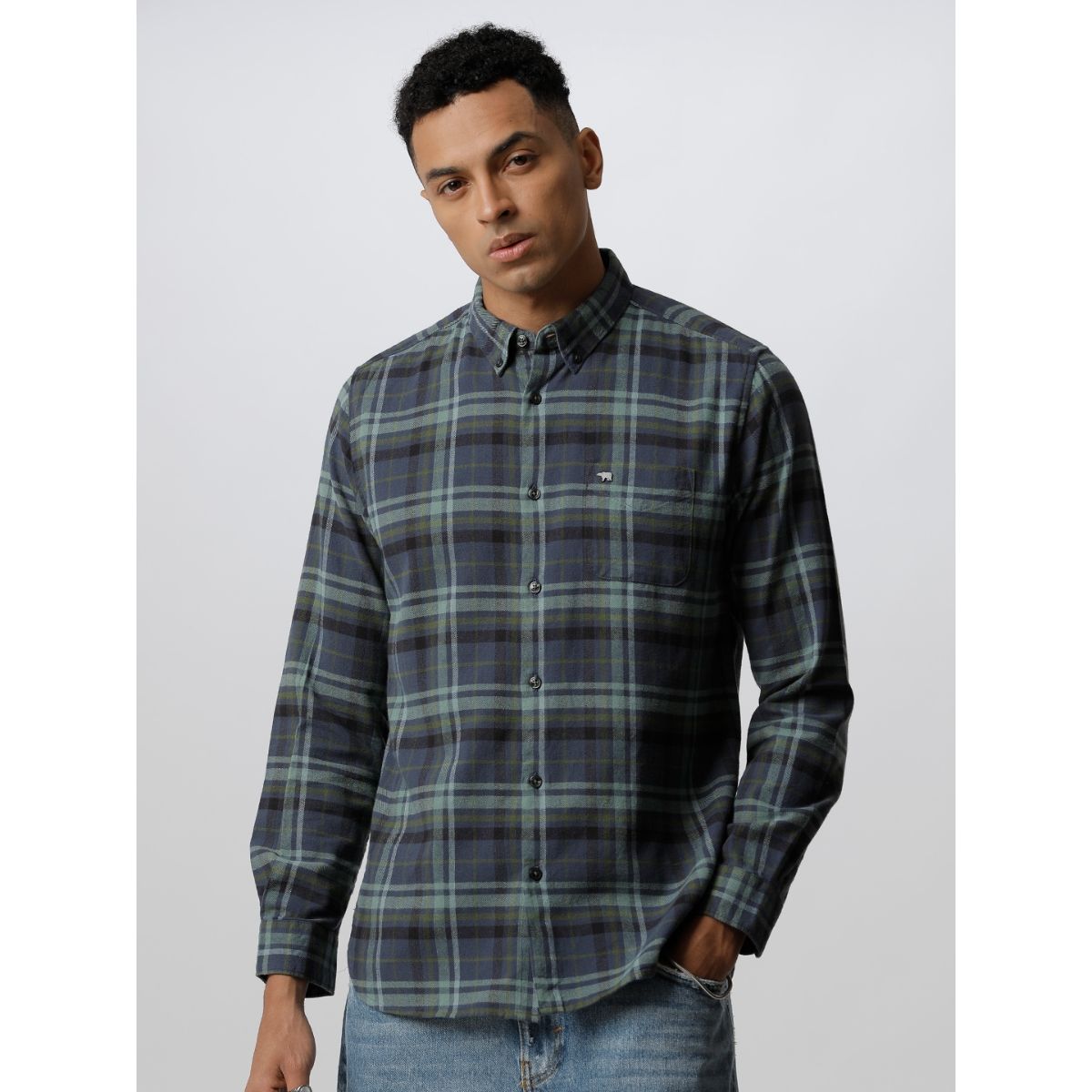 Buy THE BEAR HOUSE Men Blue And Green Checked Slim Fit Cotton Casual ...