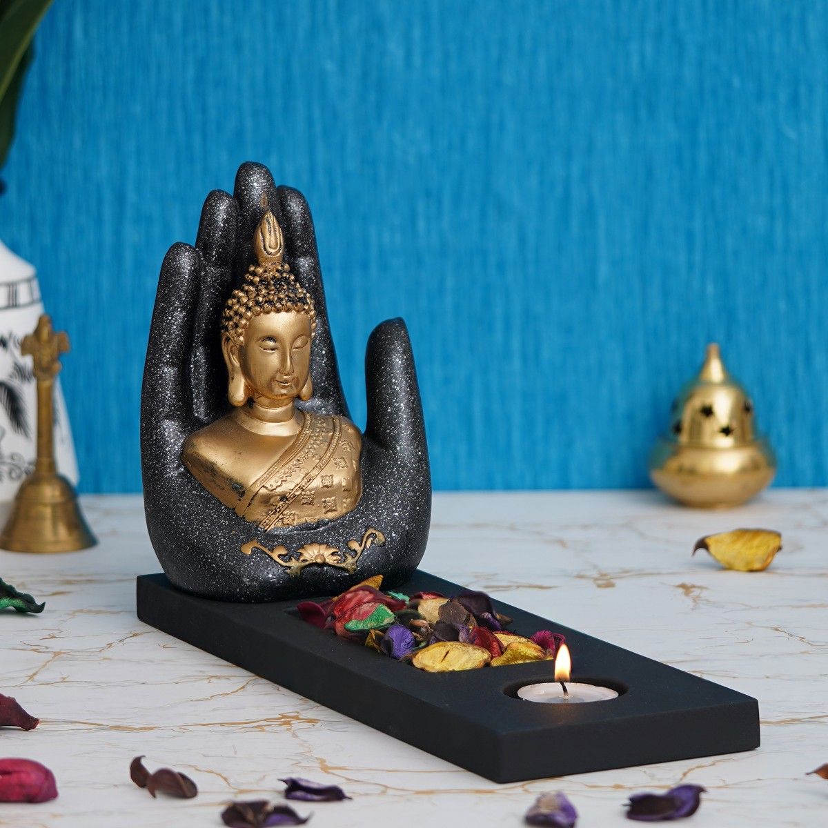 Buy eCraftIndia Palm Buddha Showpiece with Rectangle Wooden Base ...