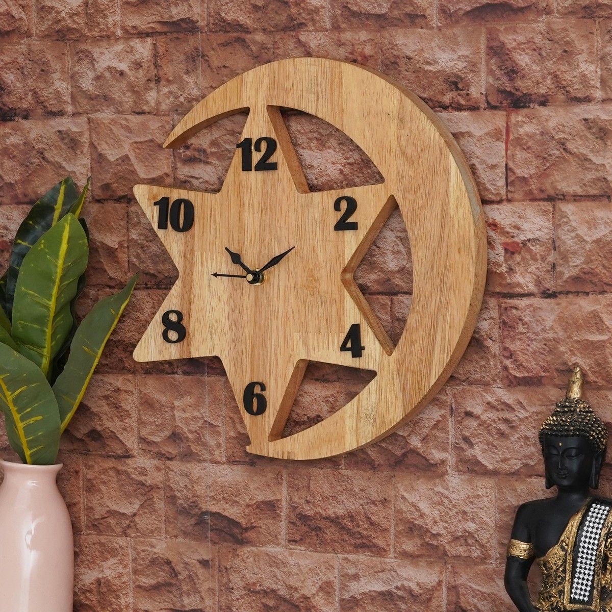 Buy eCraftIndia Light Brown Star & Moon Designer Wooden Wall Clock Online