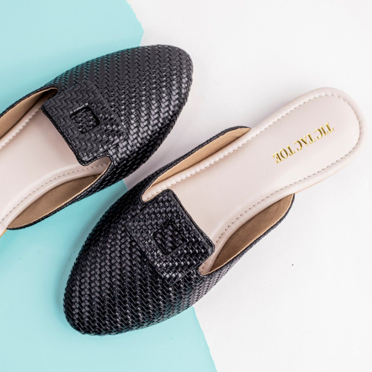 Buy Tic Tac Toe Black Weave Mule Flats Online