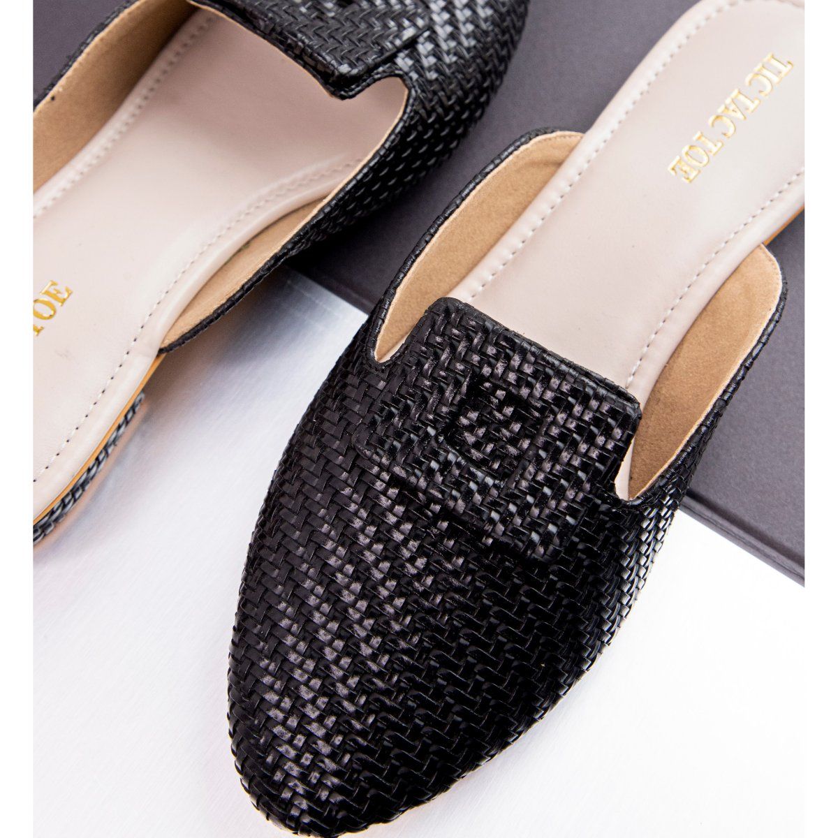 Buy Tic Tac Toe Black Weave Mule Flats Online