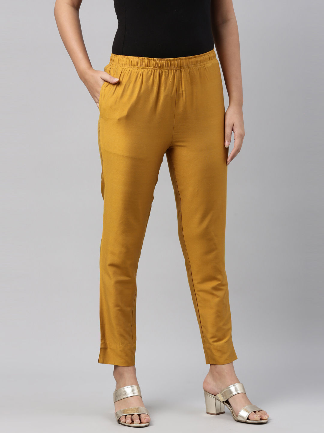 Go Colors Women Solid Mid Rise Metallic Pants - Mustard: Buy Go Colors ...