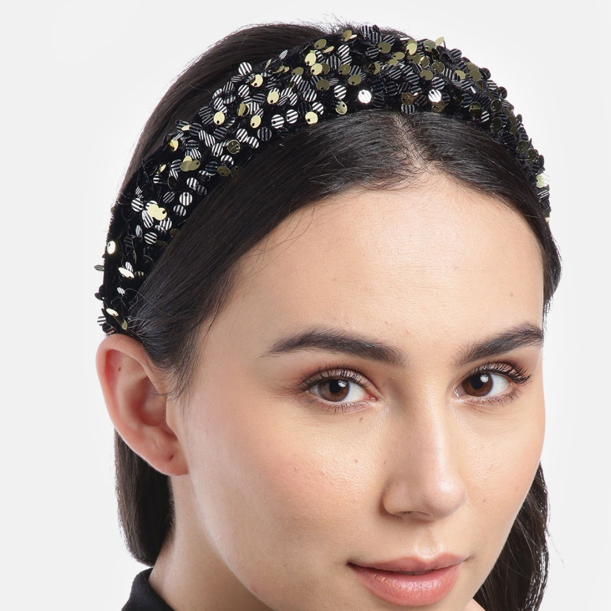 Buy Blueberry Multi Sequin Embellished Black Velvet Hair Band Online
