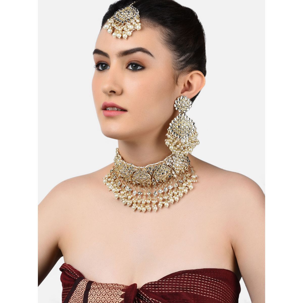 Buy Zaveri Pearls Gold Tone Kundan And Pearl Drops Choker Necklace