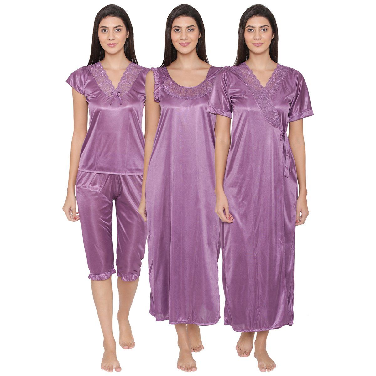 Buy Clovia 4 Piece Nightwear in Purple - Satin (Set of 4) Online