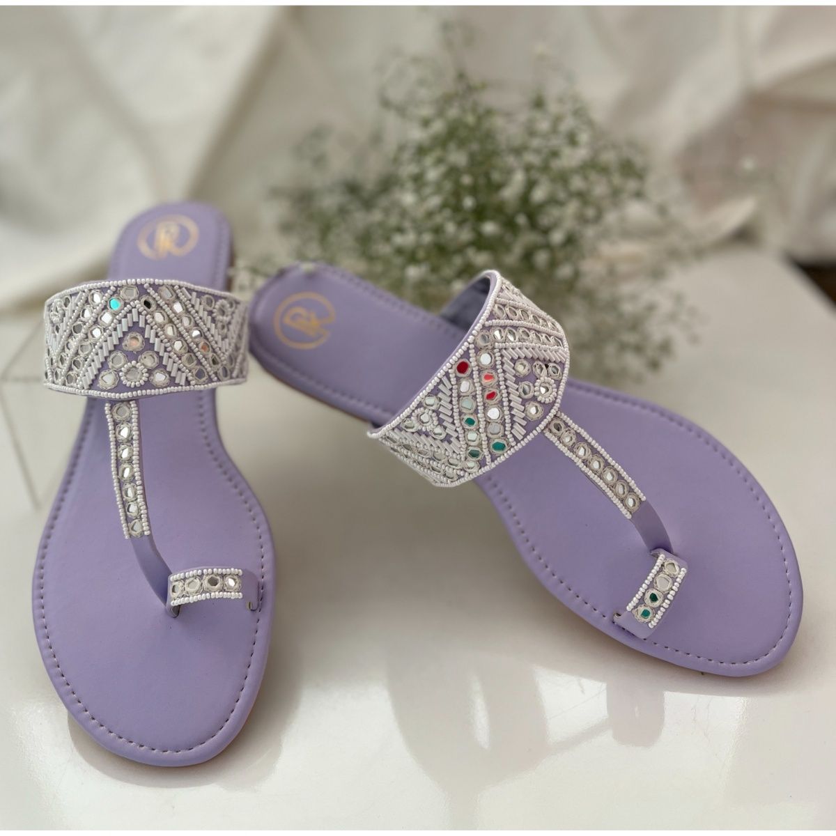 PREET KAUR Neon Lavender & Silver Sheesha Flat Kolhapuris: Buy PREET ...