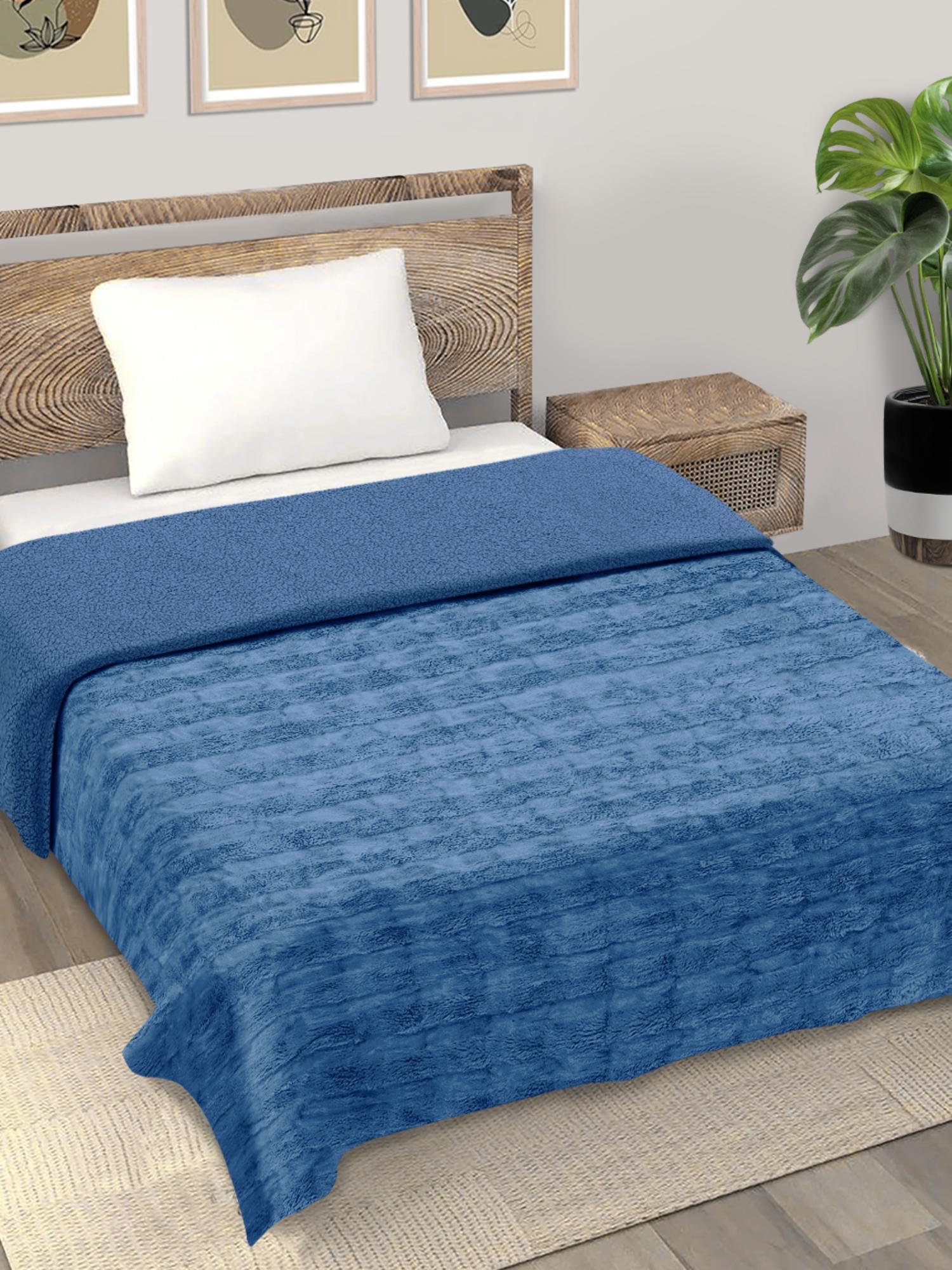 Buy FABINALIV Blue Striped Mild Winter 600 Gsm Woollen Bed Comforter ...