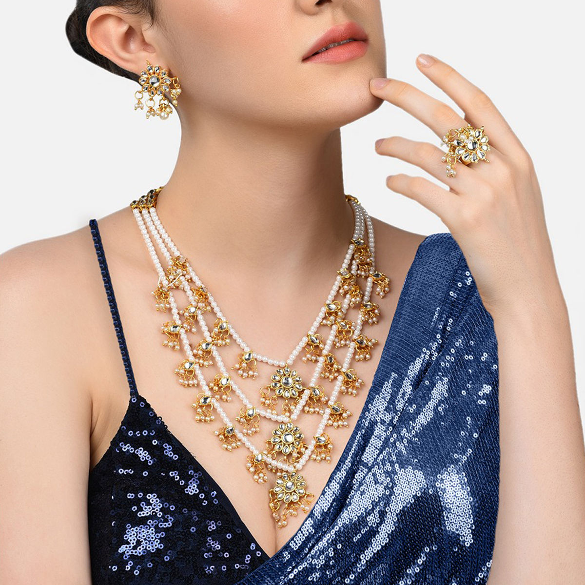 Zaveri Pearls Gold Tone Layered Kundan And Pearls Necklace Earring And Ring