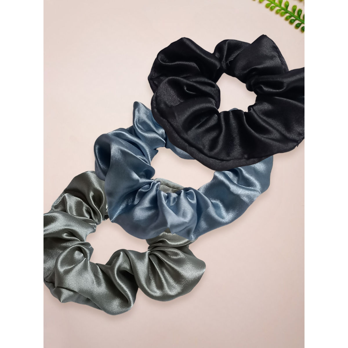 Buy OOMPH Pack Of 3 Black, Blue and Grey Satin Silk Scrunchies Online