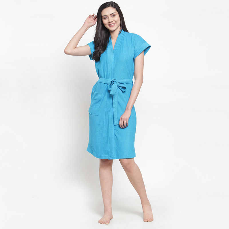 Buy Secret Wish Women's Solid Cotton Blue Bath Robe (Free Size) Online