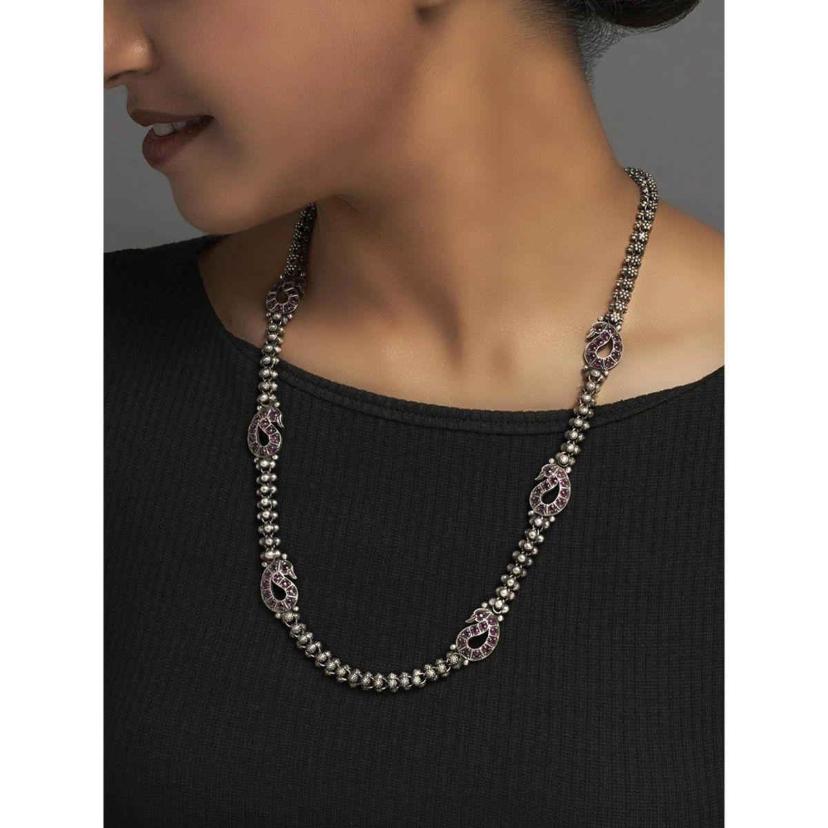 Buy Divas Mantra 92.5 Silver Oxidised Comfort Chain with Red Spinel ...