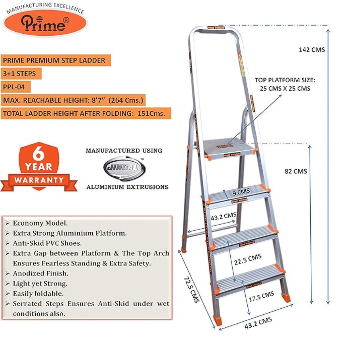 Buy Prime Premium 4Steps(3+1) Foldable Aluminium Ladder Serrated Steps ...