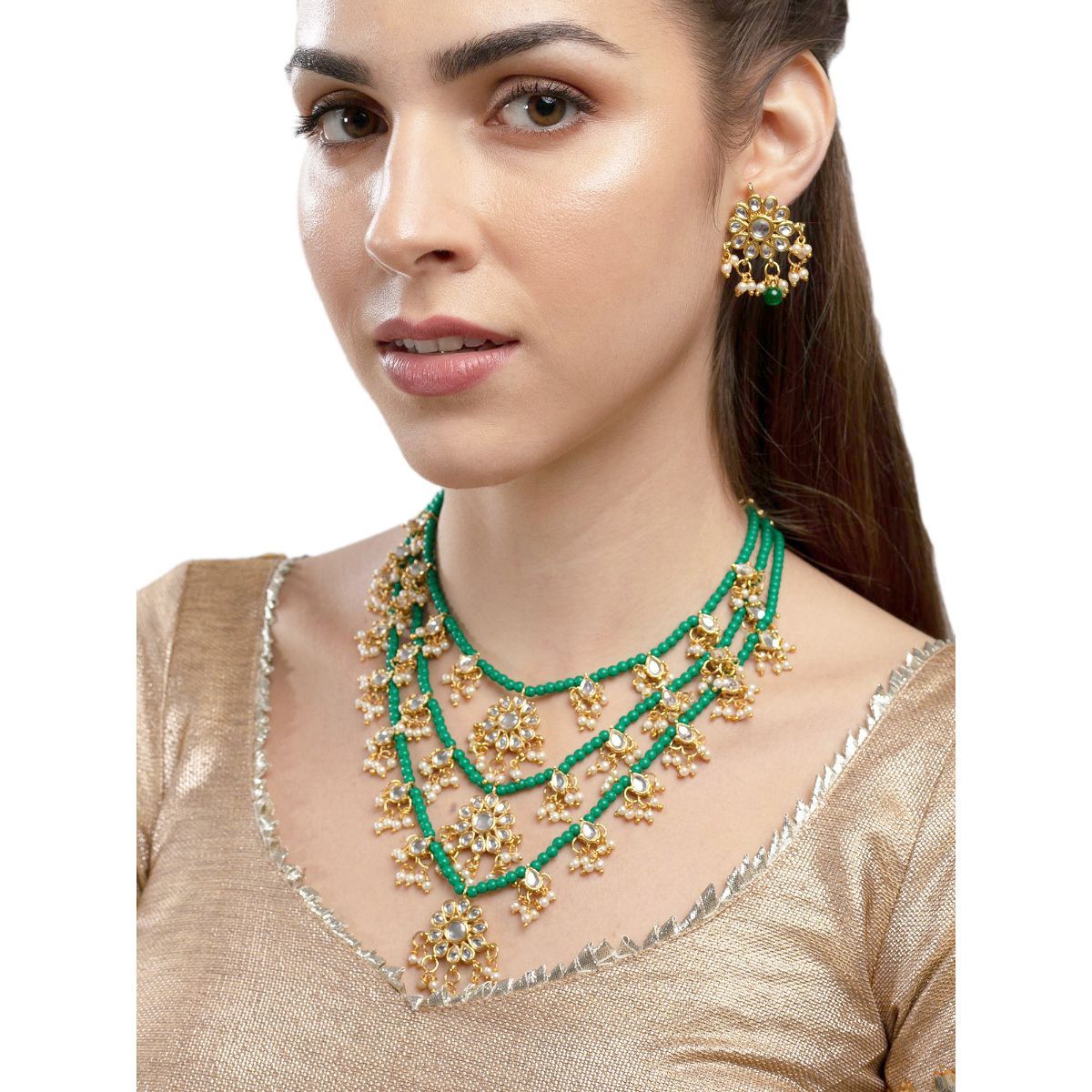 Buy Zaveri Pearls Green Beads Multi Layered Kundan And Pearls Necklace