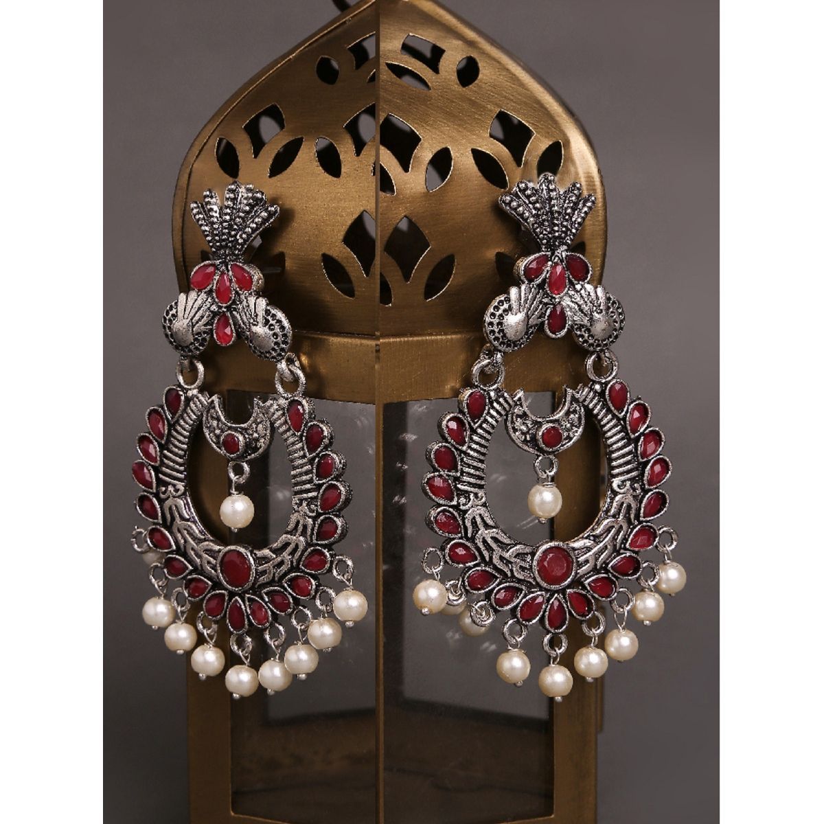 Buy OOMPH German Silver Oxidised With Maroon Stone & Pearls Large ...