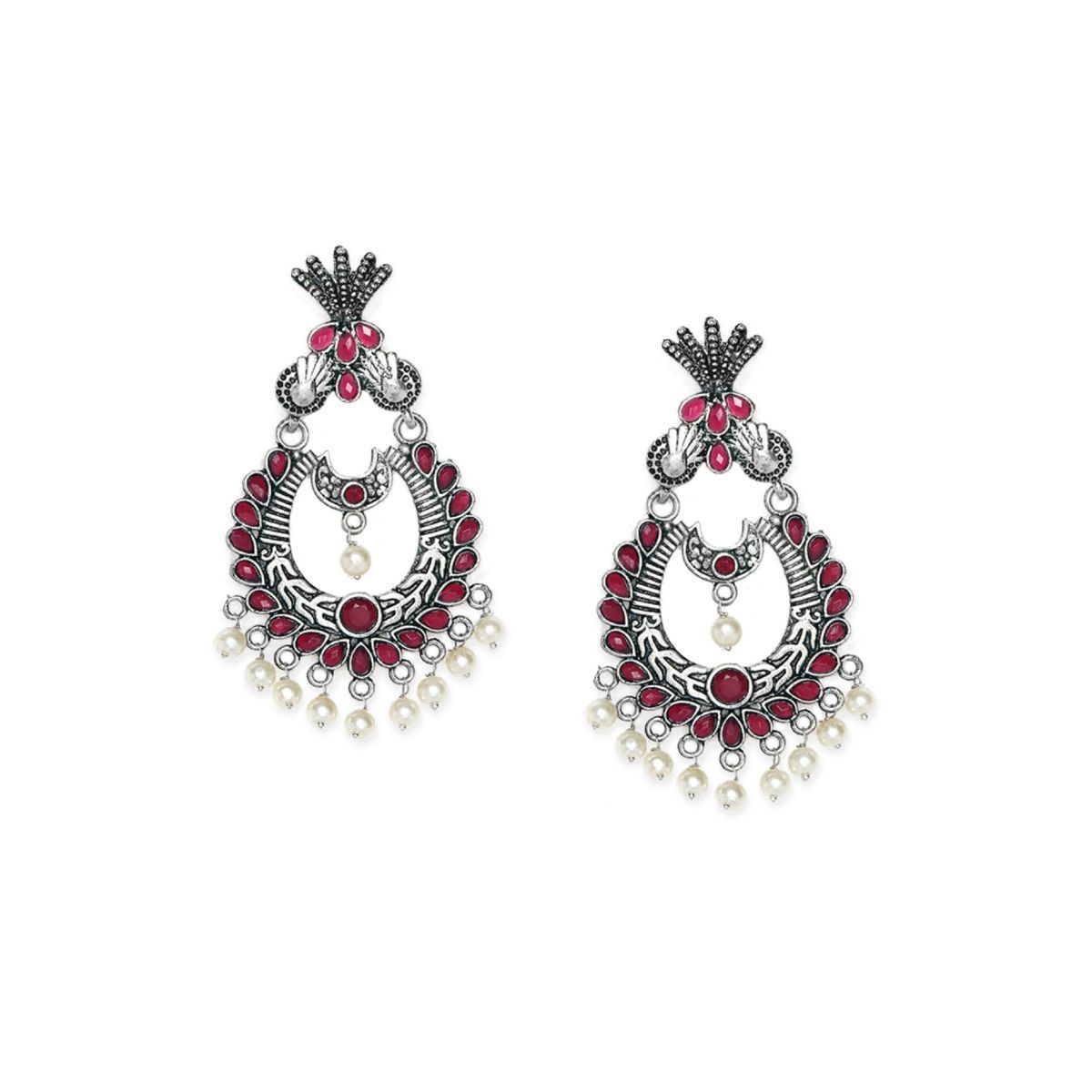 Buy OOMPH German Silver Oxidised With Maroon Stone & Pearls Large ...