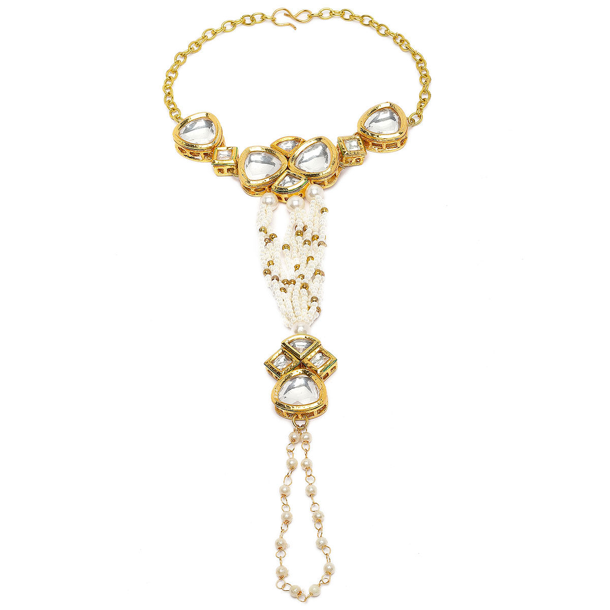 Buy Karatcart Gold Plated Polki Kundan and White Moti Hathphool for ...