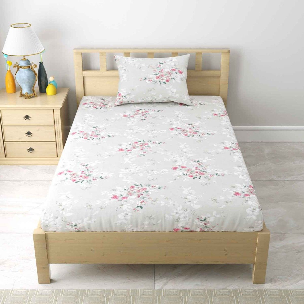 Buy Haus And Kinder Satin Floral 186 Tc Cotton Printed Bedsheet Grey