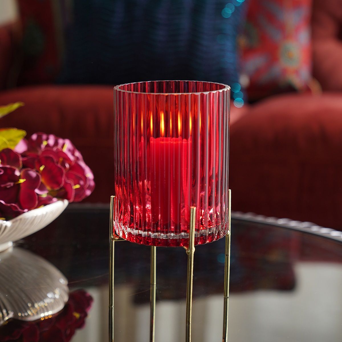 Buy Pure Home + Living Pink Ribbed Glass Hurricane with Metal Stand ...