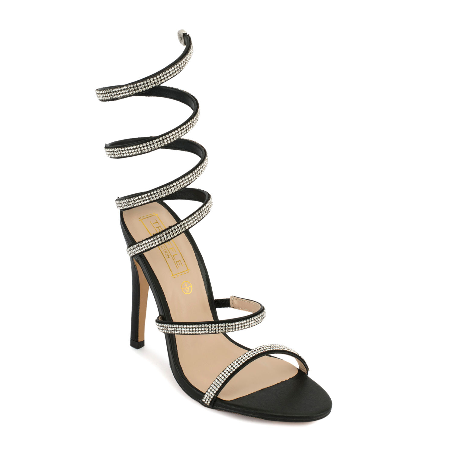 Buy Truffle Collection Black Stiletto Jewel Wrap Around Sandals Online