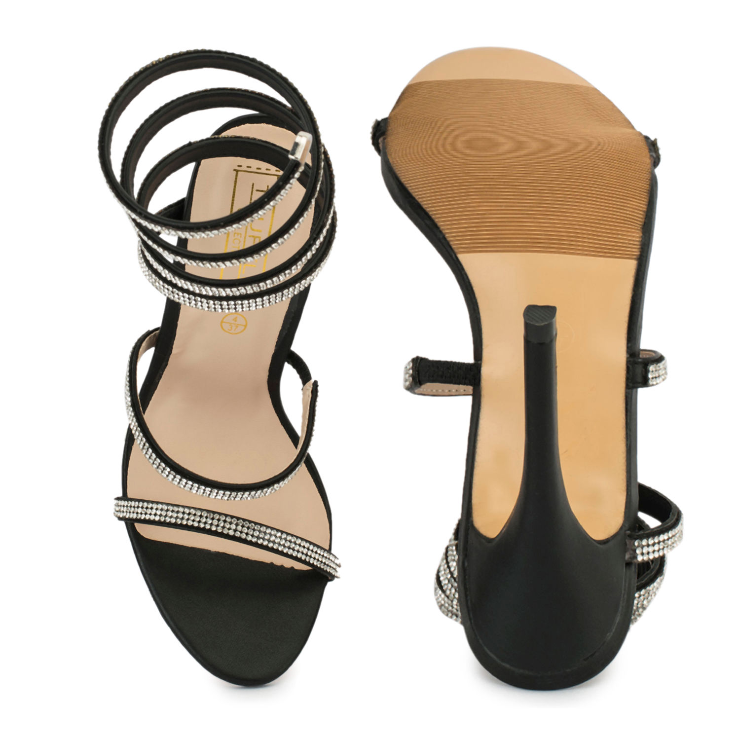 Buy Truffle Collection Black Stiletto Jewel Wrap Around Sandals Online