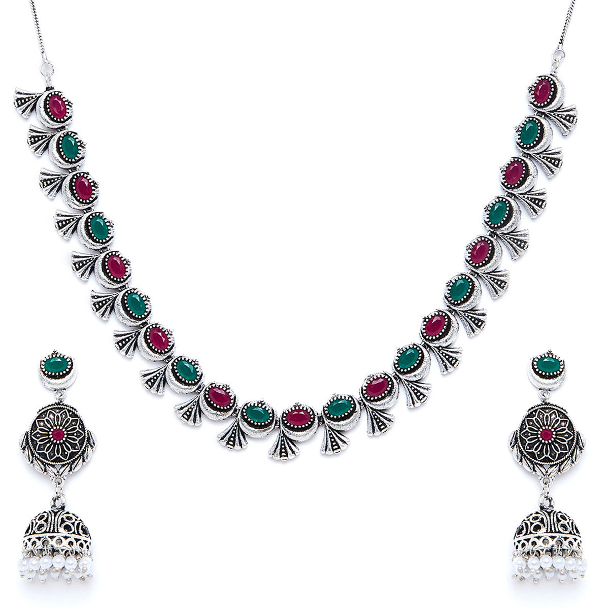Buy PANASH Women Silver-Plated Oxidised Stone-Studded Jewellery Set Online Buy PANASH Women Silver-Plated Oxidised Stone-Studded Jewellery Set Online