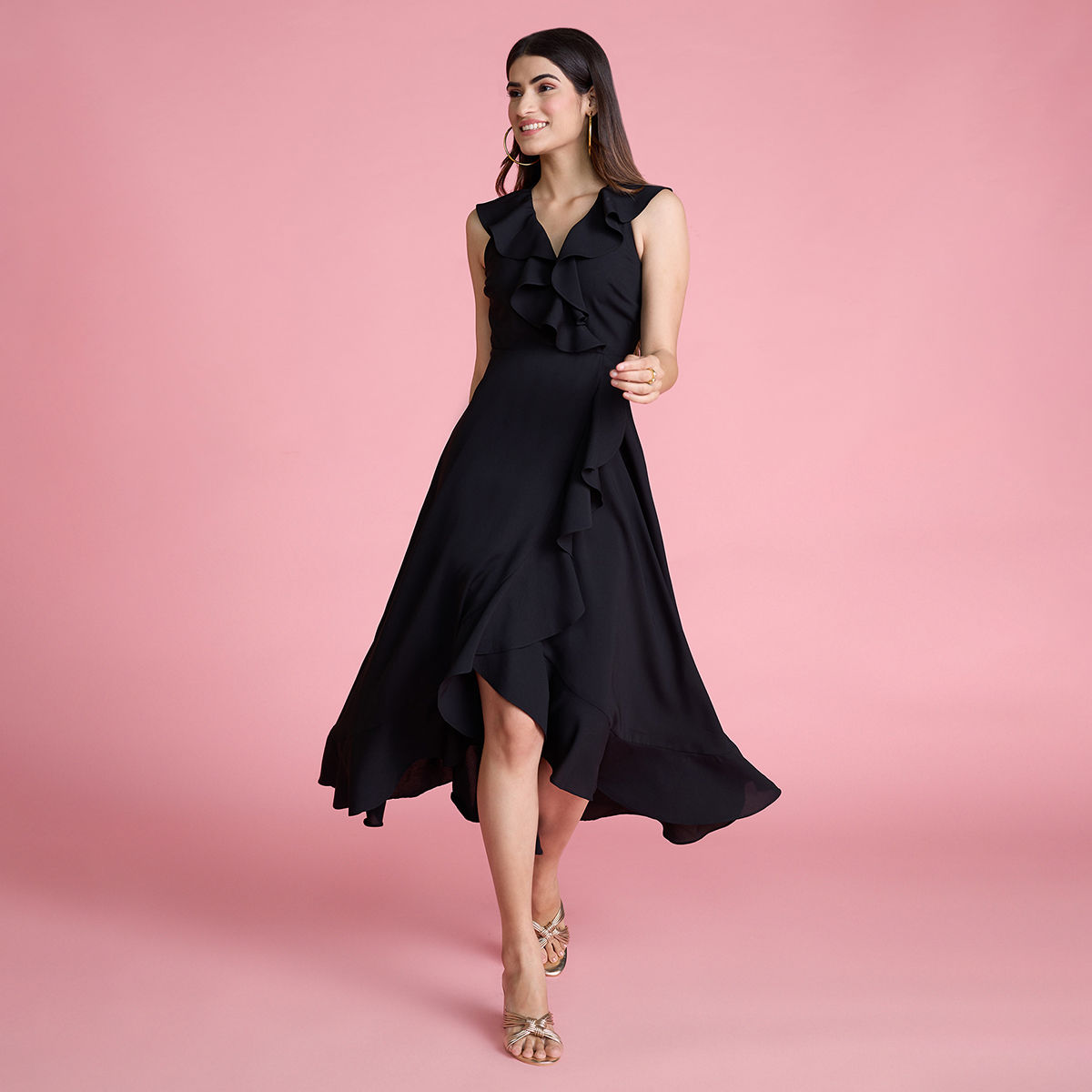 Twenty Dresses By Nykaa Fashion Black Solid Ruffled Wrap Midi Dress
