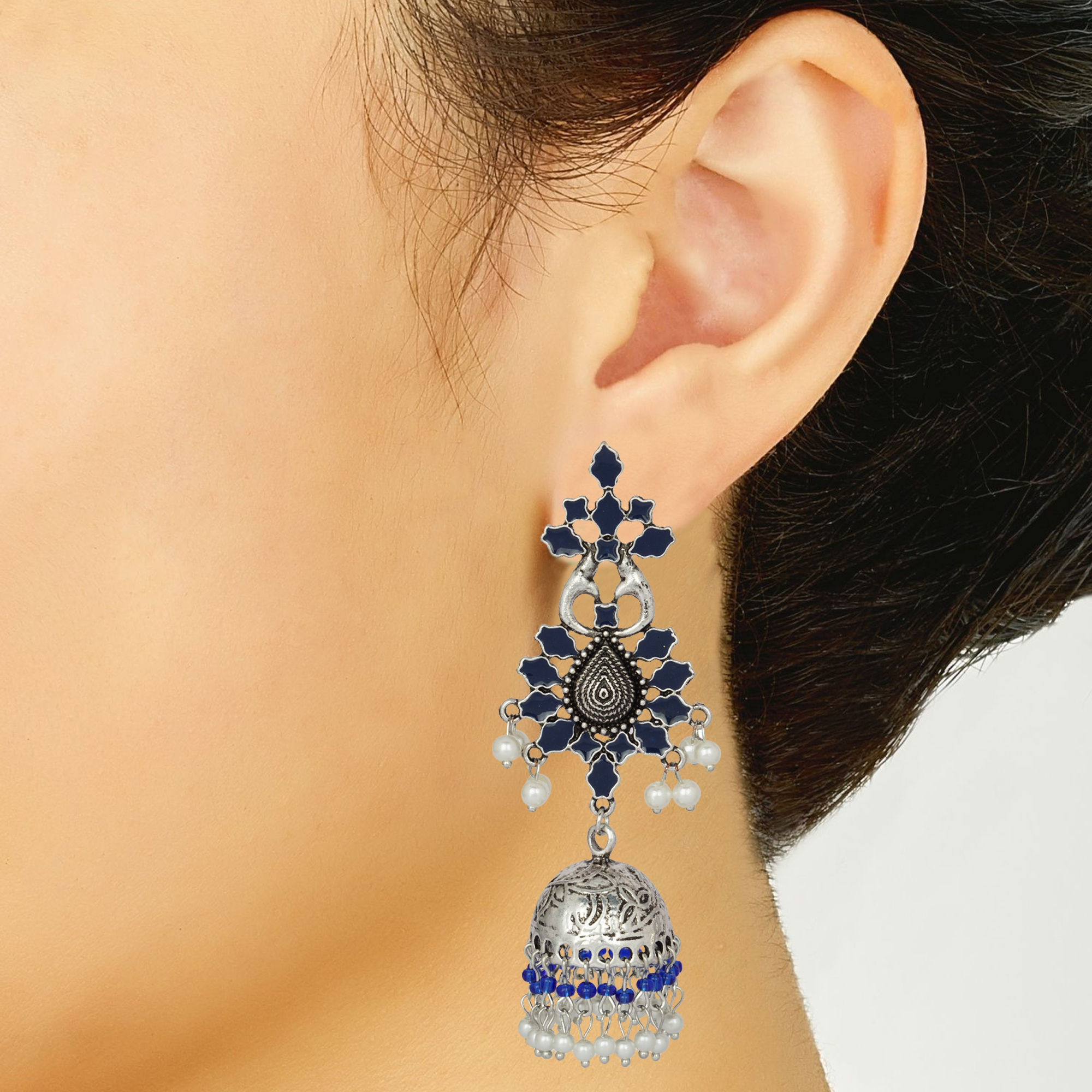 Buy TRIBAL ZONE Blue And Silver Festive Jhumka Earring Online