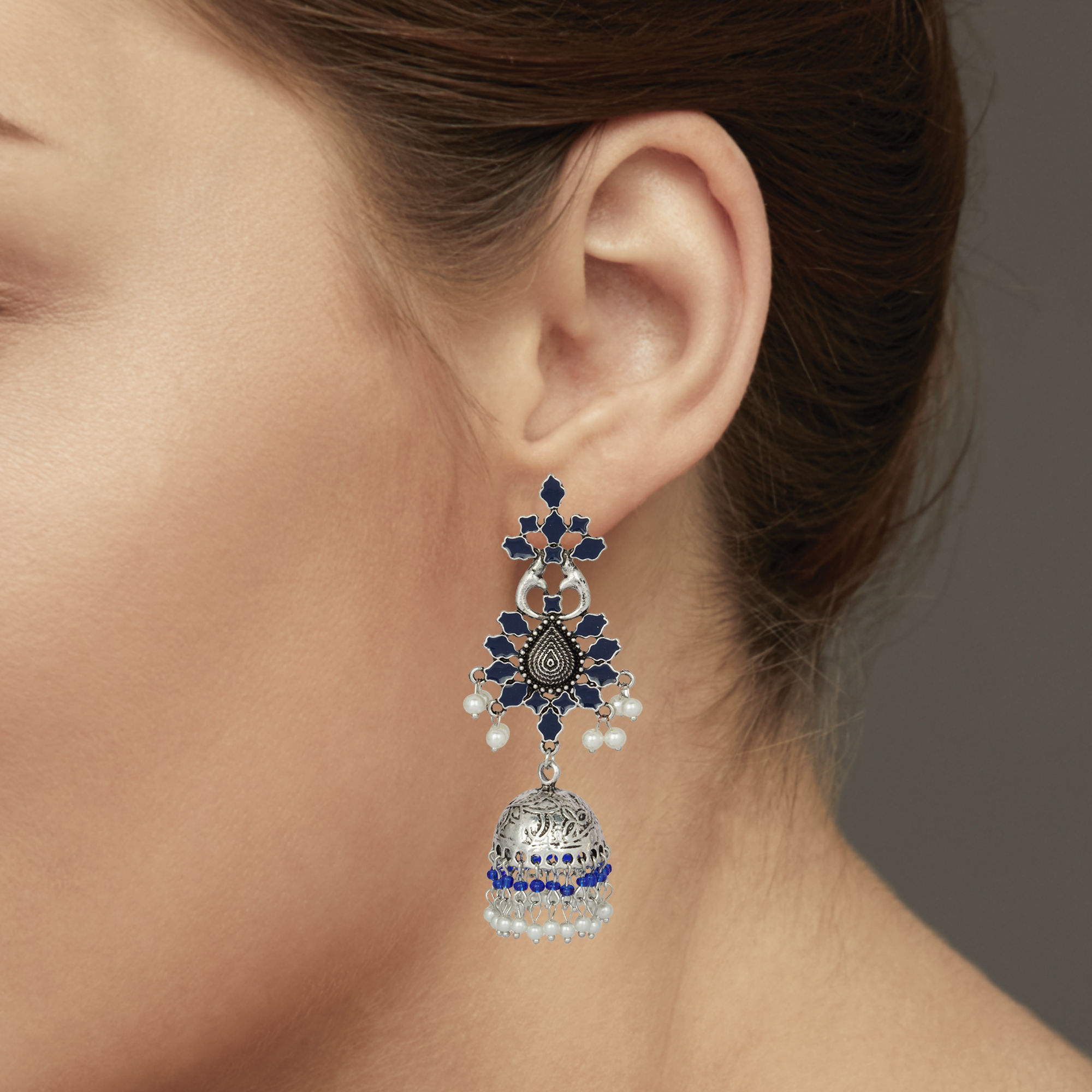 Buy TRIBAL ZONE Blue And Silver Festive Jhumka Earring Online