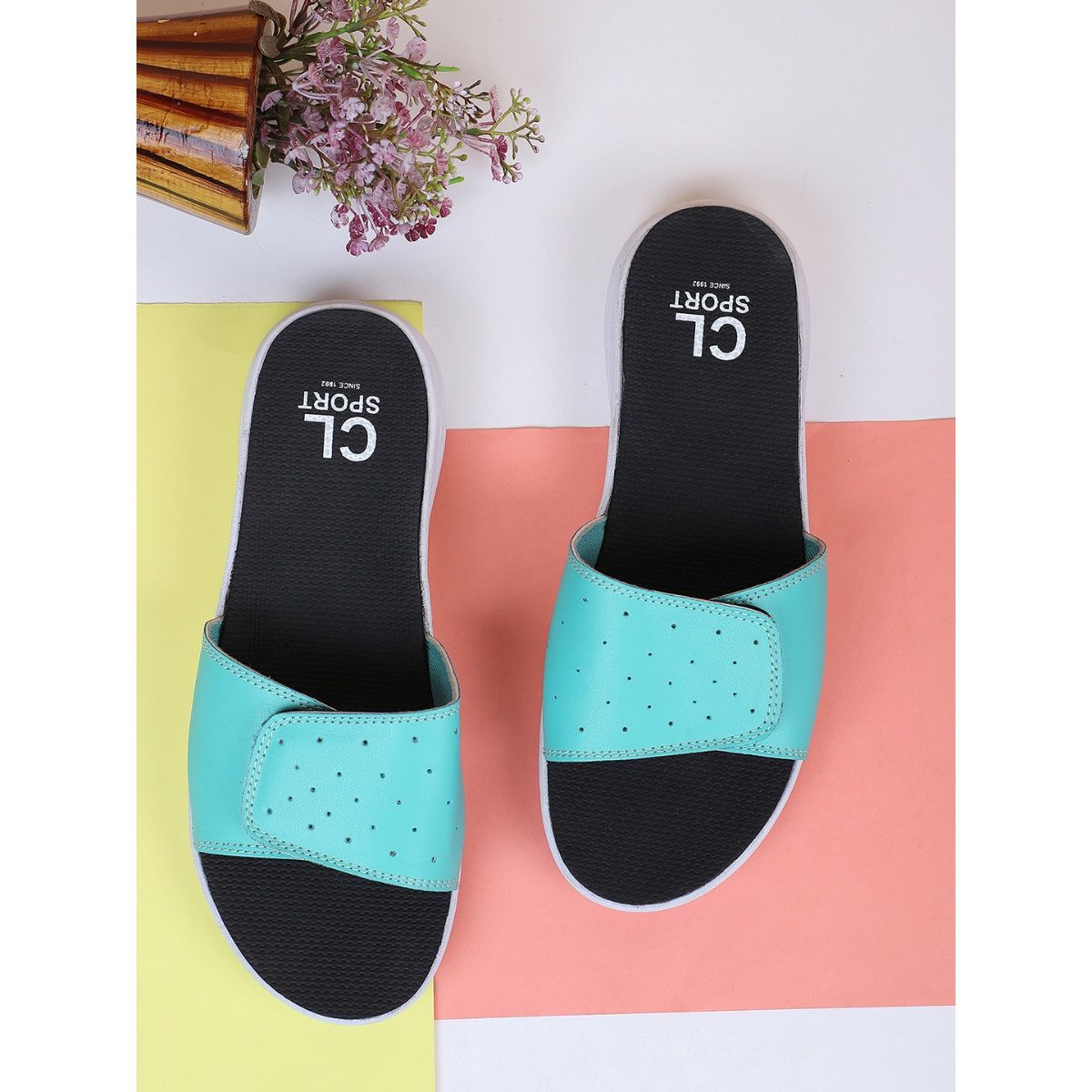 Buy Carlton London Mint Green-black Women Solid Plain Sliders Online