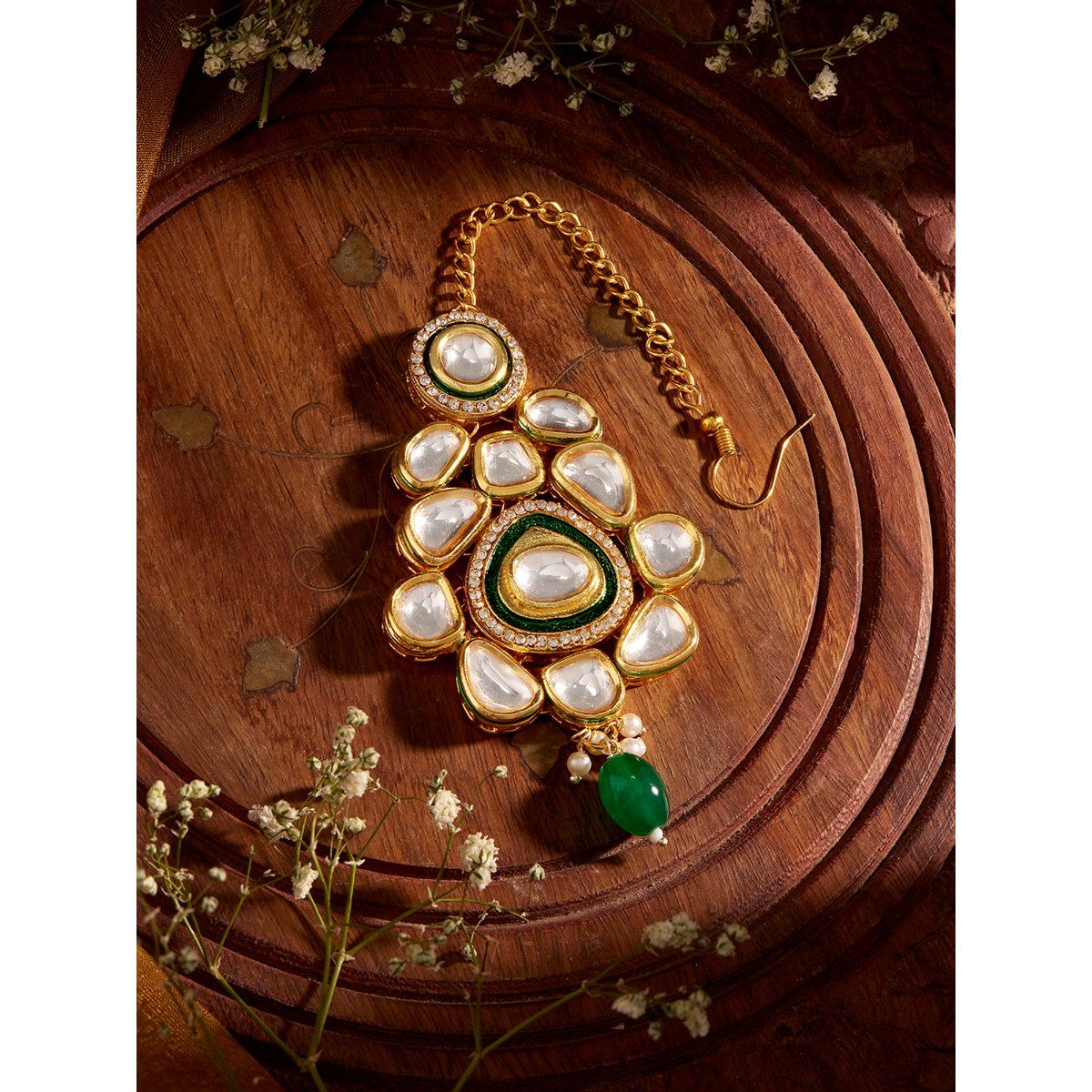 Buy Priyaasi Green Geometric Design Green Bead Kundan Gold Plated Maang ...