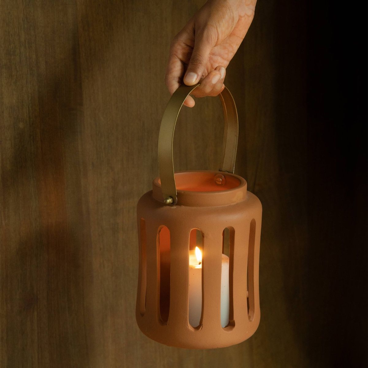 Buy Ellementry Lupa Terracotta Round Lantern with Metal Handle for Home ...