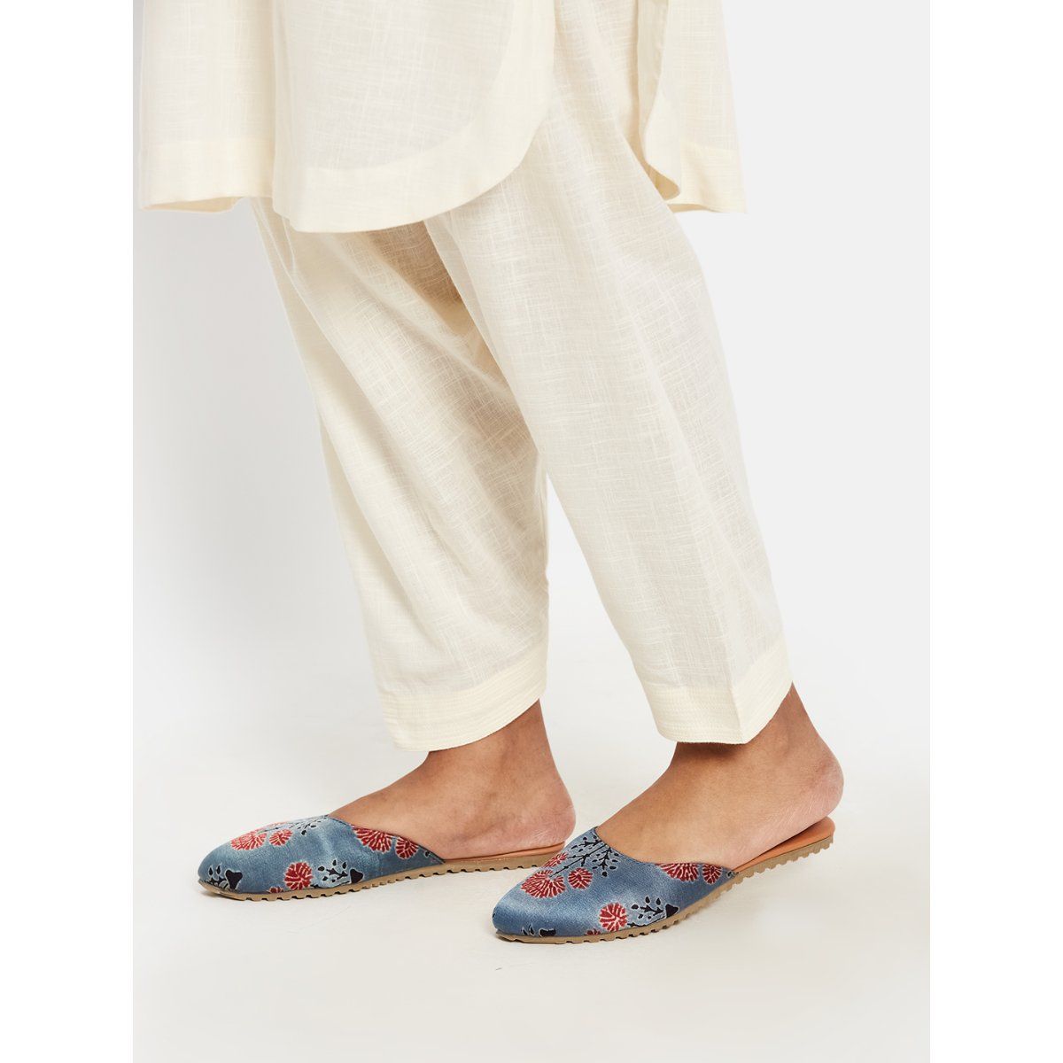 Buy Fabindia Fashion Blue Cotton Leather Printed Mules Online