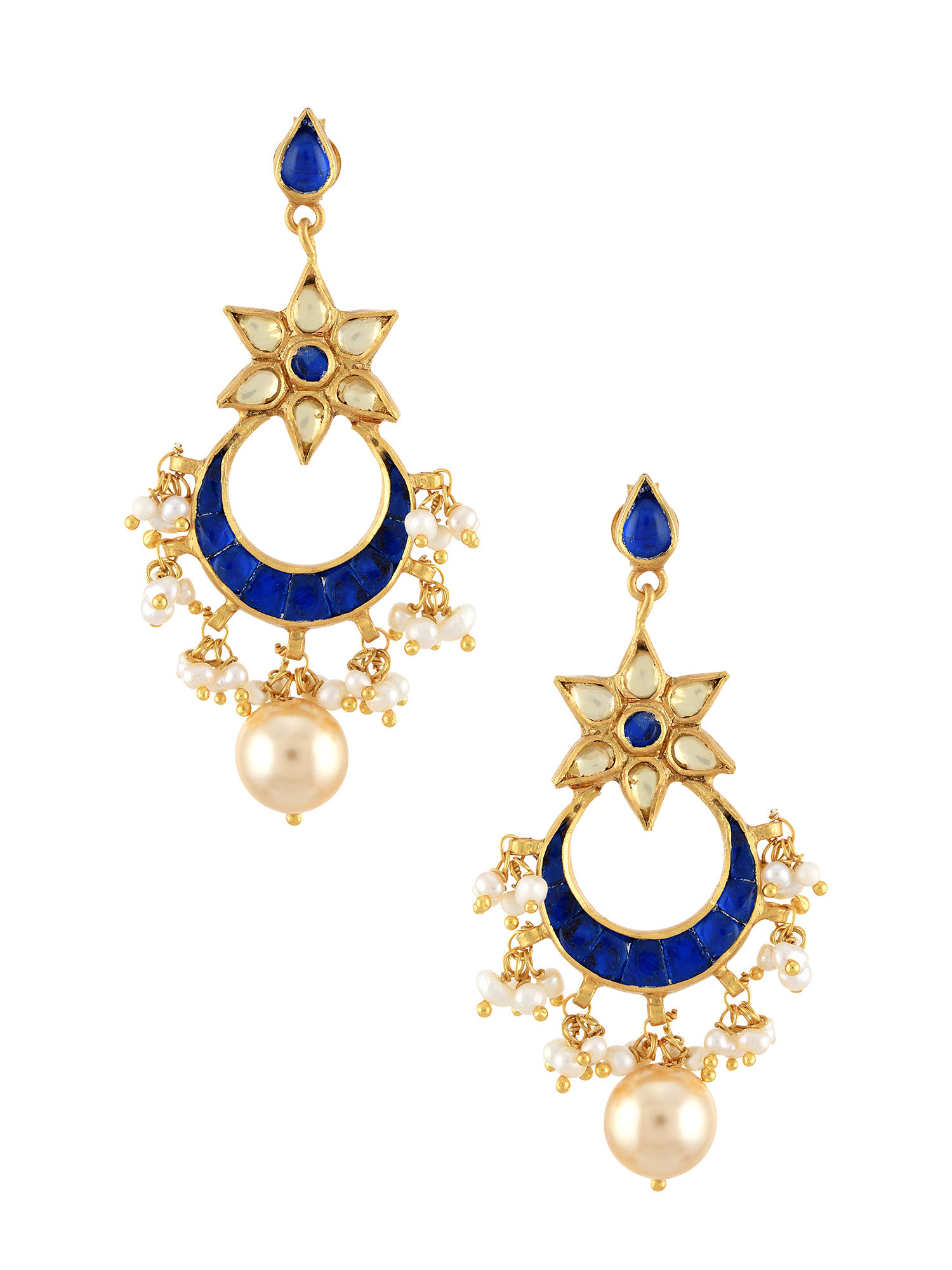 Buy Tribe Amrapali Gold Plated Blue White Glass Pearl Floral Chandbalis ...