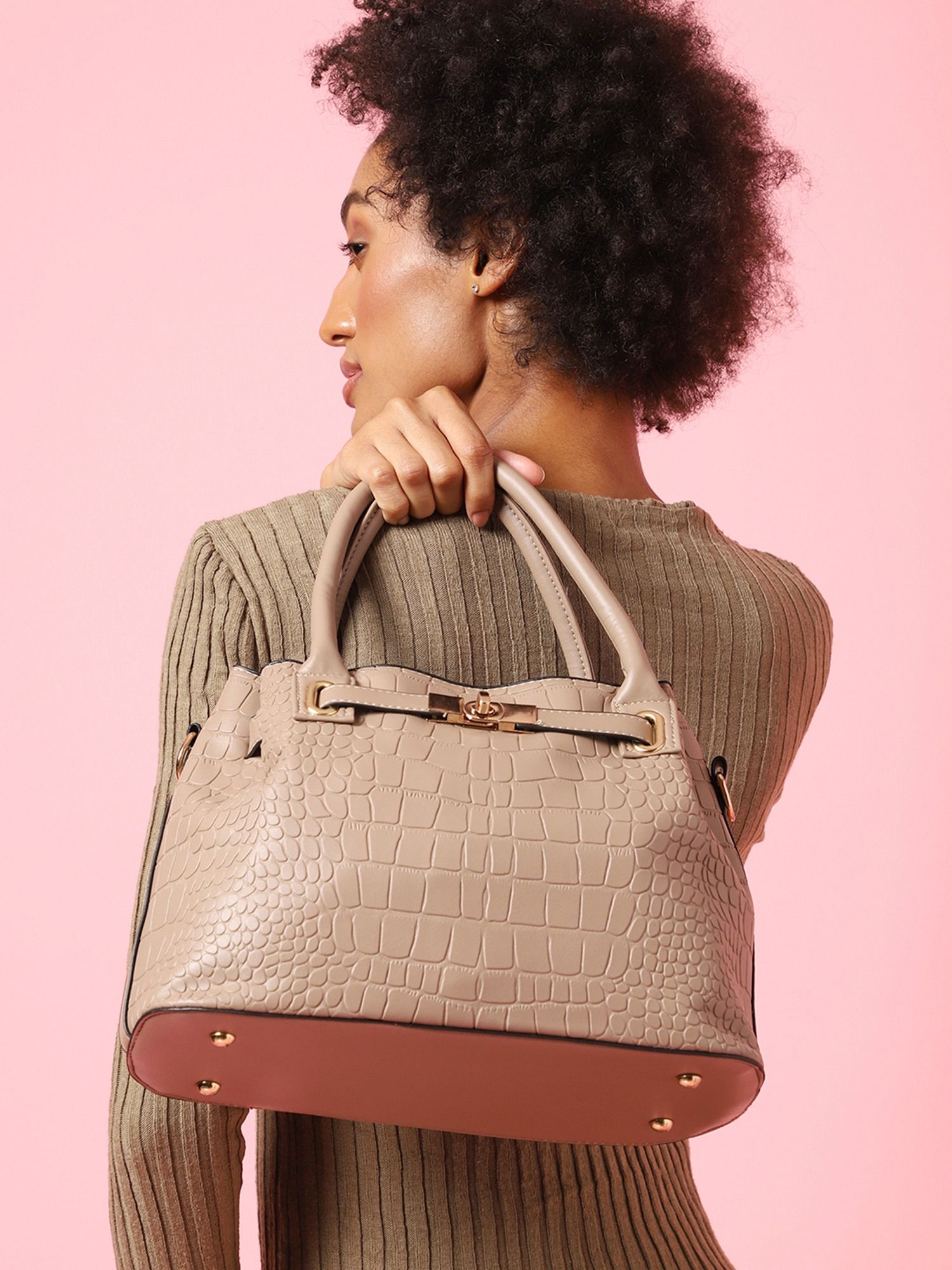 Buy Haute Sauce Textured Beige Women Handbag with Pouch Online