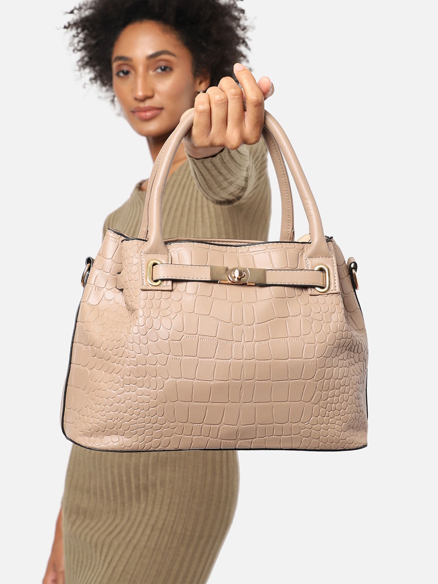 Buy Haute Sauce Textured Beige Women Handbag with Pouch Online