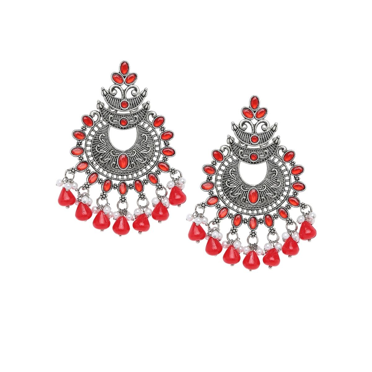 OOMPH Jewellery Oxidised Silver Red Stones With Pearls Ethnic Chand ...