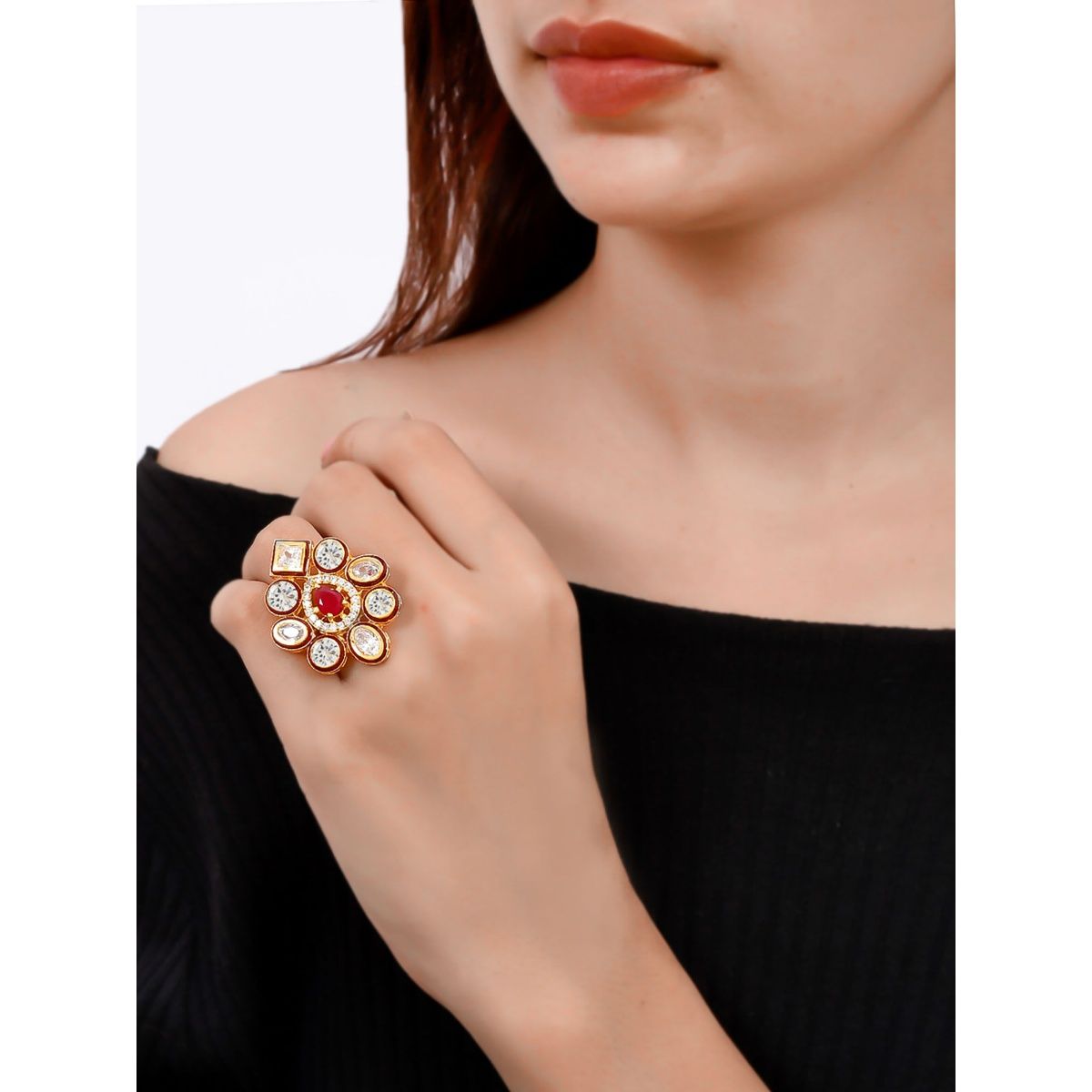 Silvermerc Designs Gold-Plated Red & White Kundan-Studded Adjustable ...