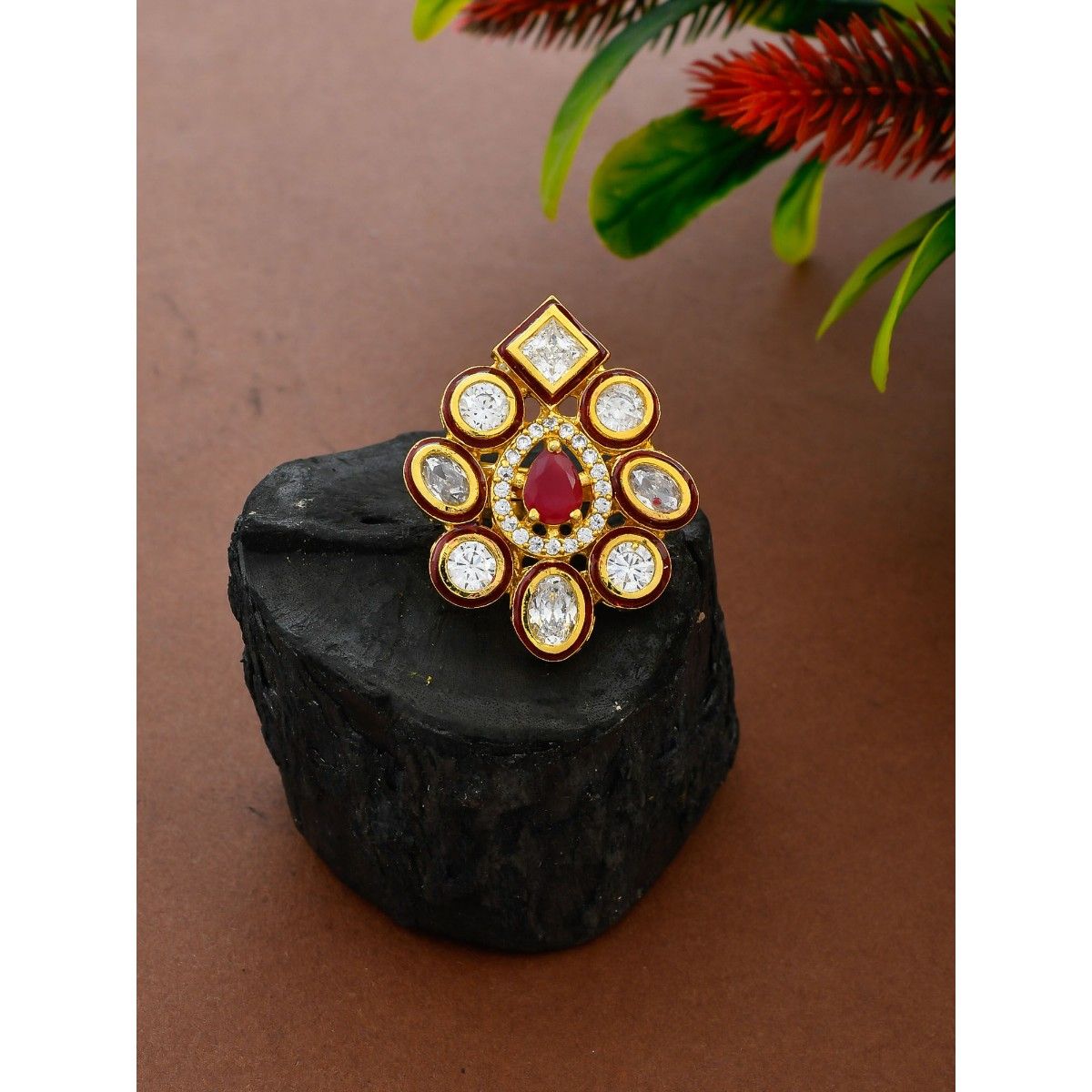 Silvermerc Designs Gold-Plated Red & White Kundan-Studded Adjustable ...