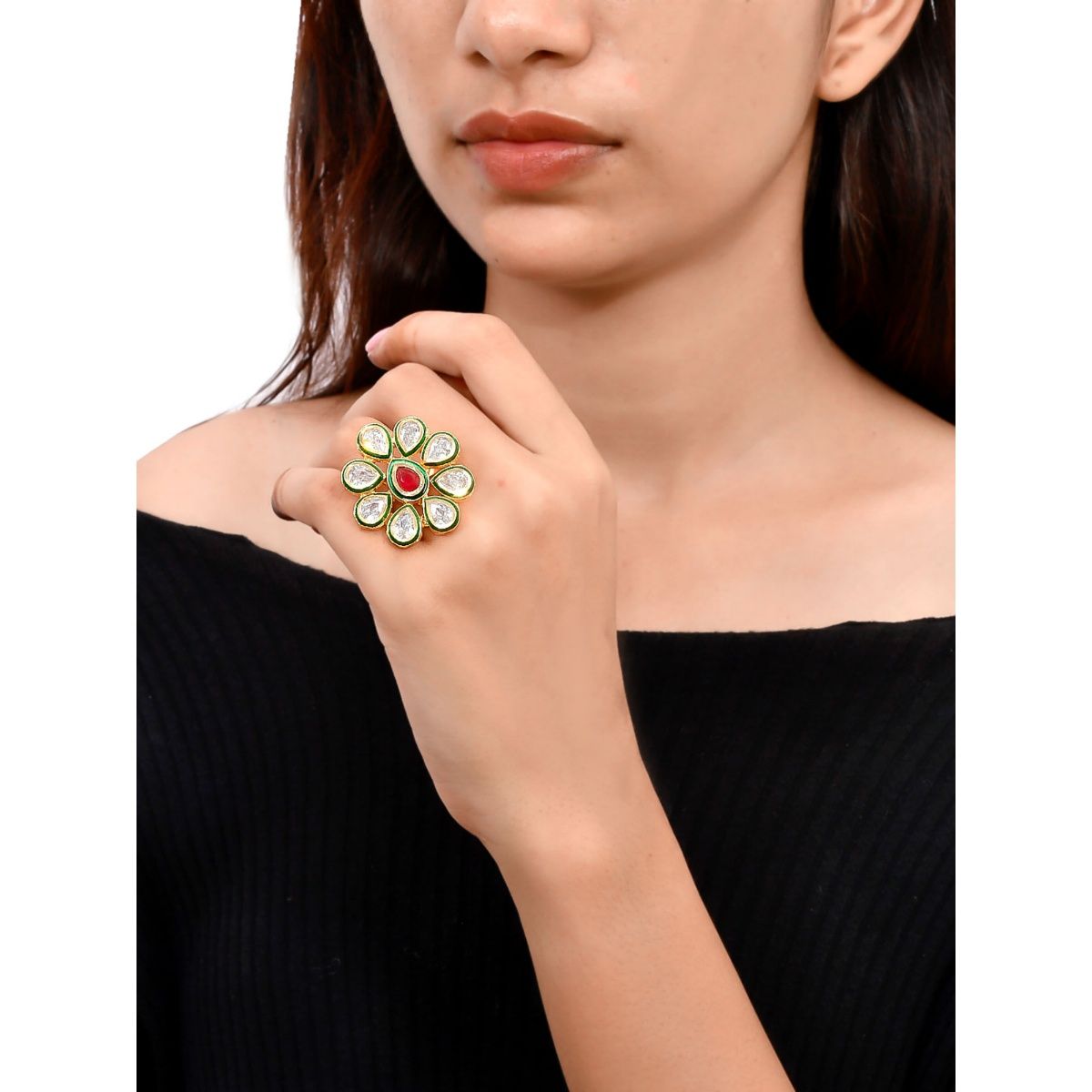 Buy Silvermerc Designs Gold Plated Tilak Designer Kundan Ring Online