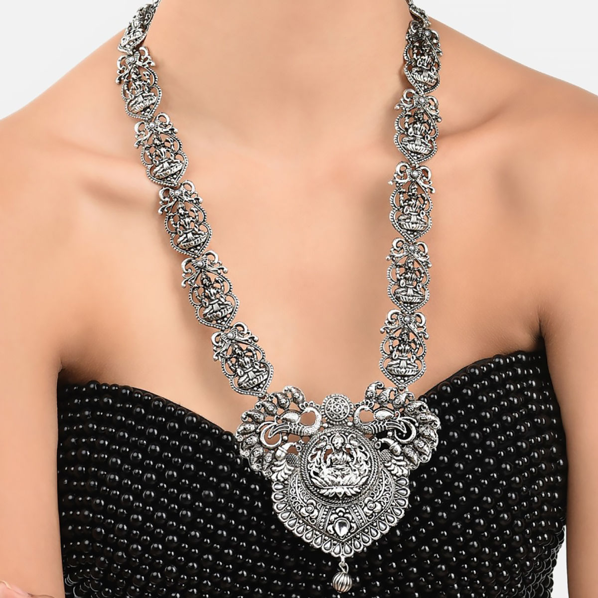 Buy Zaveri Pearls Antique Silver Tone Goddess Temple Long Necklace
