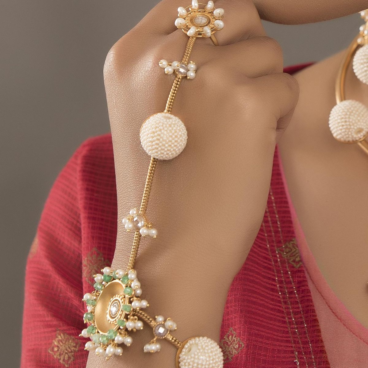 Buy Suhani Pittie Gold Toned Hathphool With Pearl Beads & Emerald ...