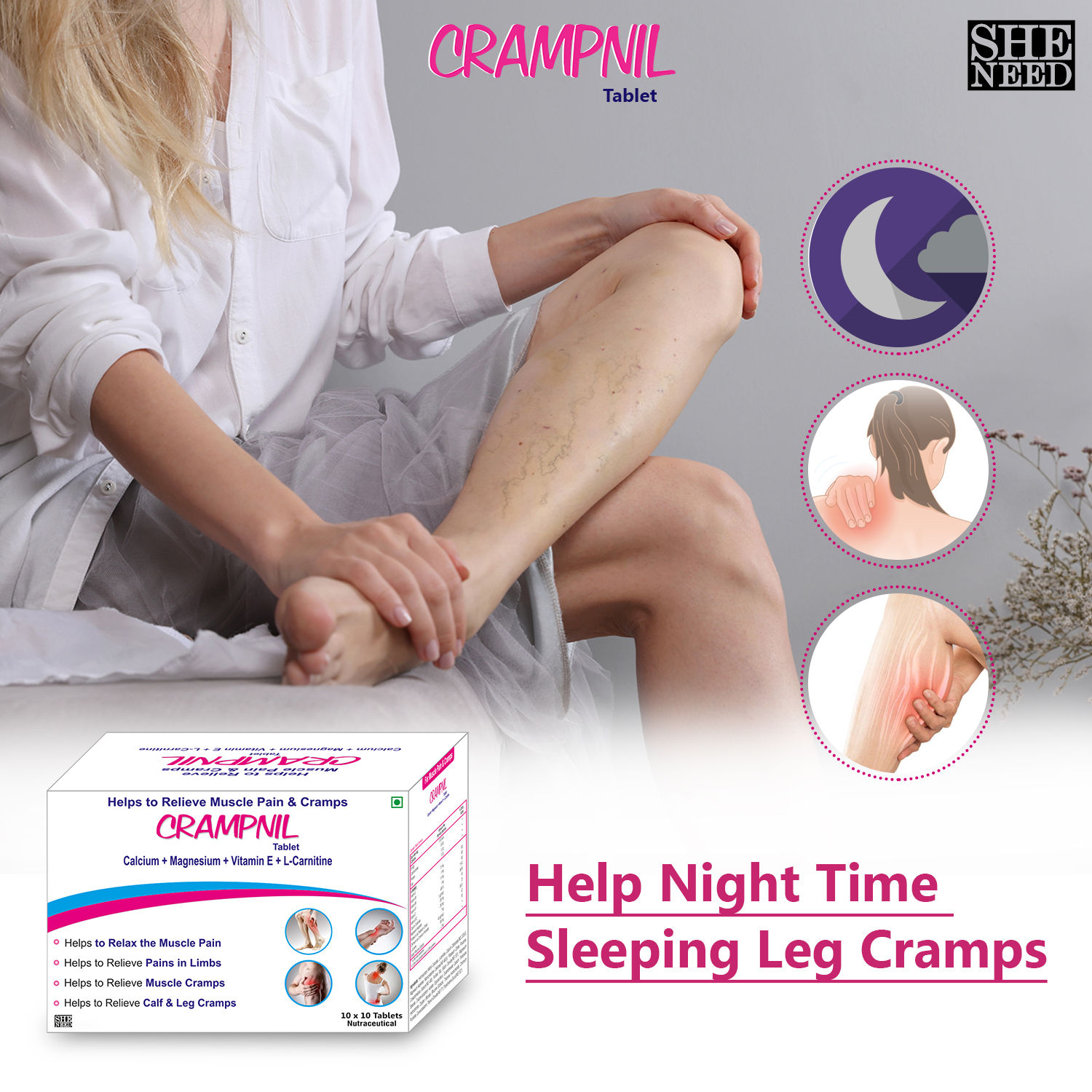 Buy Sheneed Crampnil Cramp Relieves Leg, Calf & Muscle Cramps Tablets ...