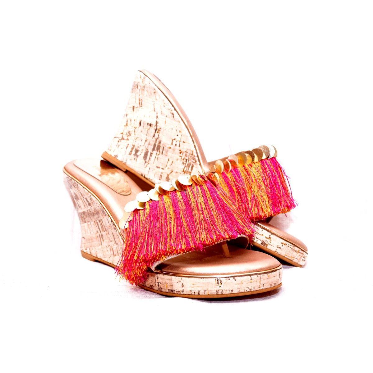 Buy Foot Fuel Pink Tassel Gold Embellished Wedges Online