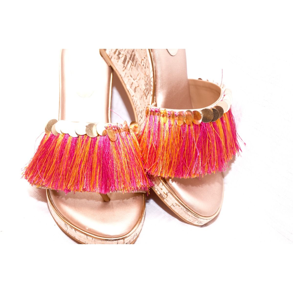 Buy Foot Fuel Pink Tassel Gold Embellished Wedges Online