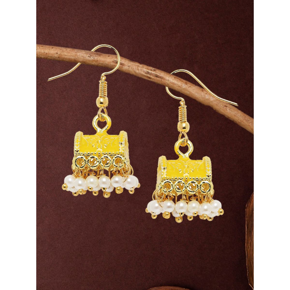 Buy OOMPH Yellow Meenakari Pearls Ethnic Small Palki Jhumka Earrings Online
