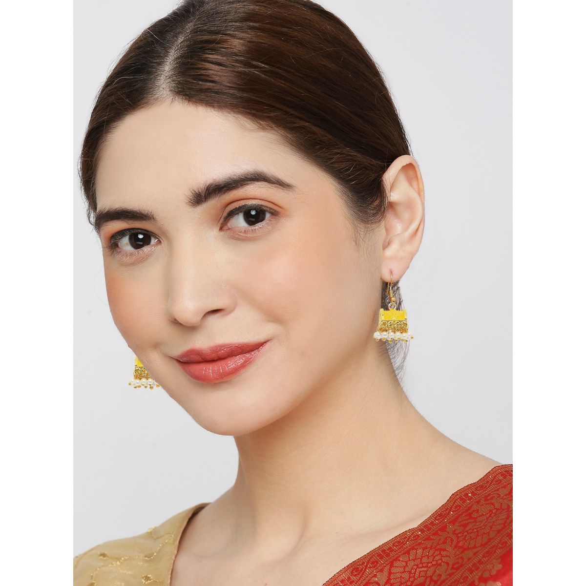 Buy OOMPH Yellow Meenakari Pearls Ethnic Small Palki Jhumka Earrings Online