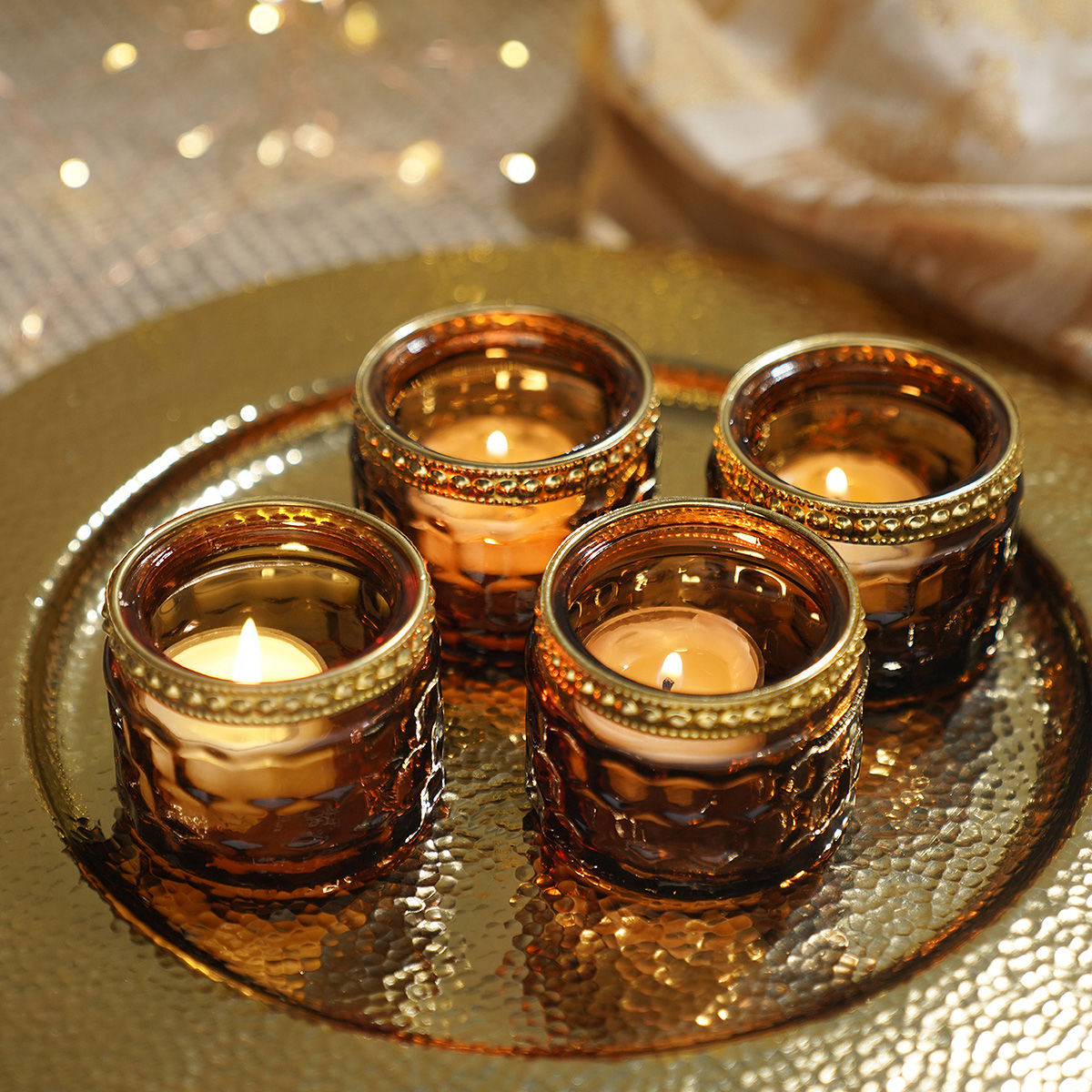 Pure Home + Living Set of 4 Brown Honeycomb Texture Tea Light Holders ...